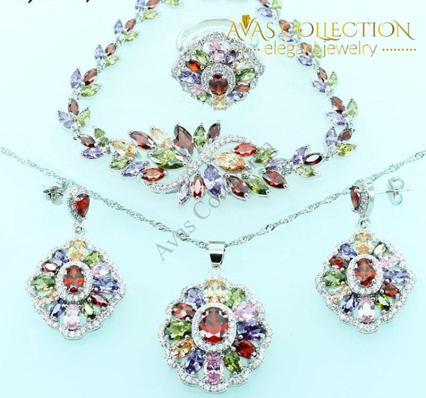 Created Multi Gems Silver Color Jewelry Set – Avas Collection