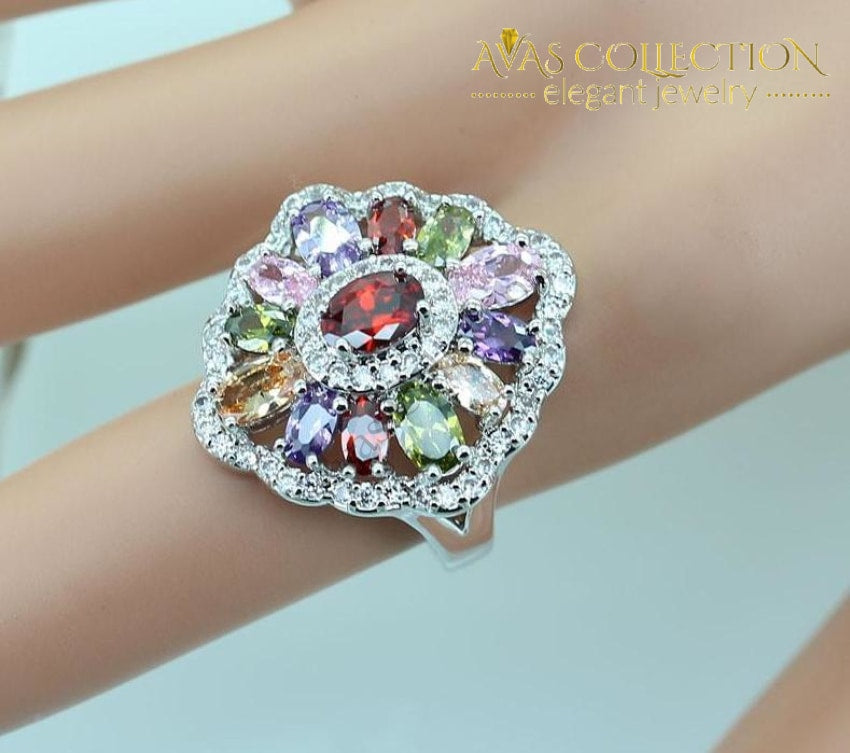 Created Multi Gems Silver Color Jewelry Set – Avas Collection