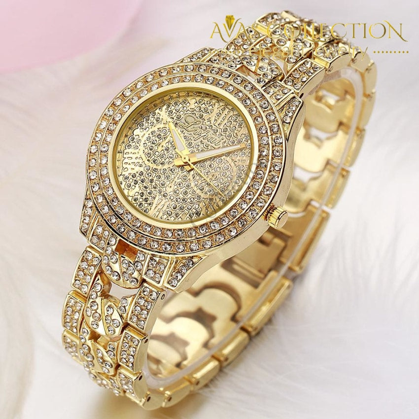 Iced out Gold Tone Watch with Skull Bling Leather Rope Bracelet Gift S ...