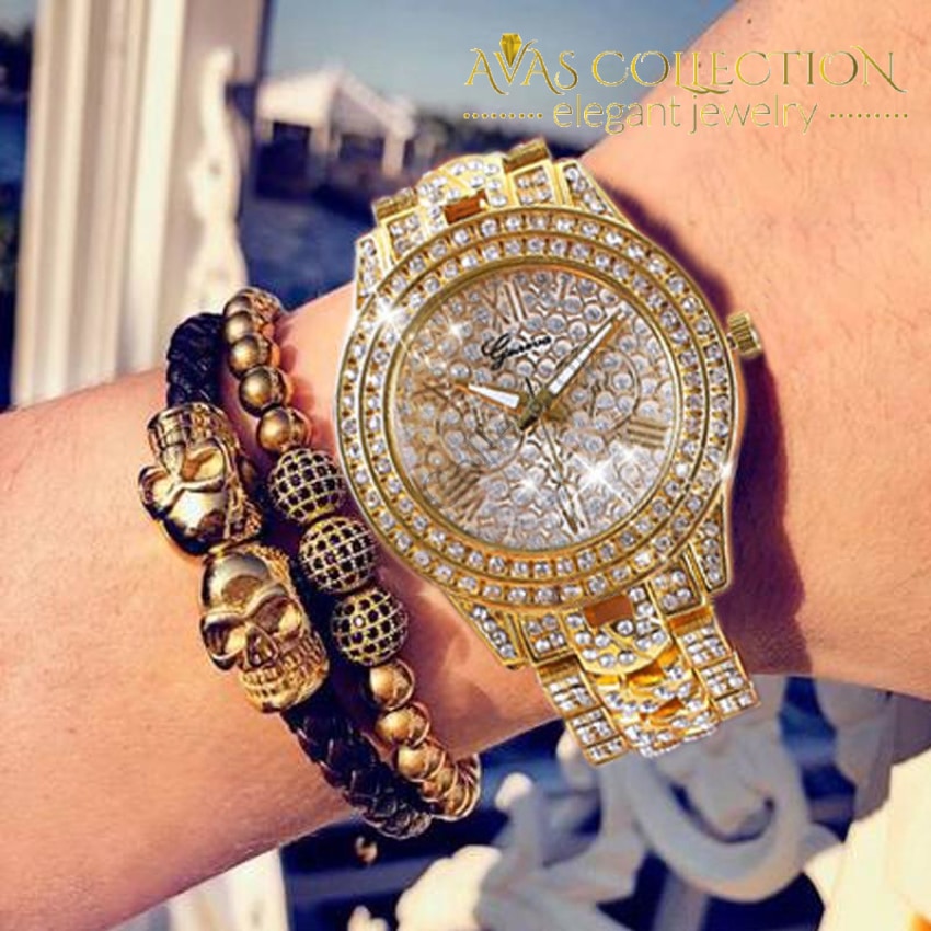 Iced out Gold Tone Watch with Skull Bling Leather Rope Bracelet Gift S ...