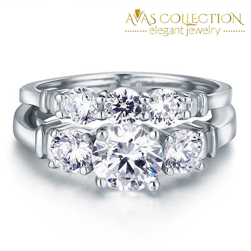 Round Cut 2-Pcs Solid Sterling 925 Silver Wedding Set/ High Polish ...